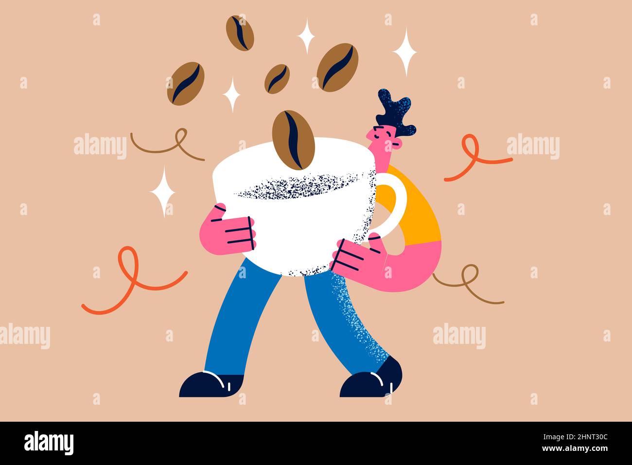 Coffee beans and Energy concept. Young smiling man cartoon character ...