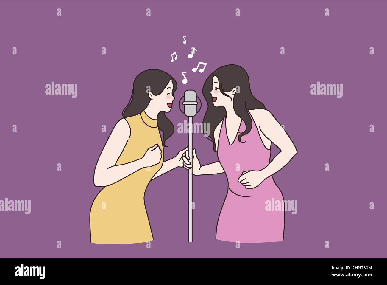 Smiling women friends have fun sing in microphone relax in karaoke bar ...