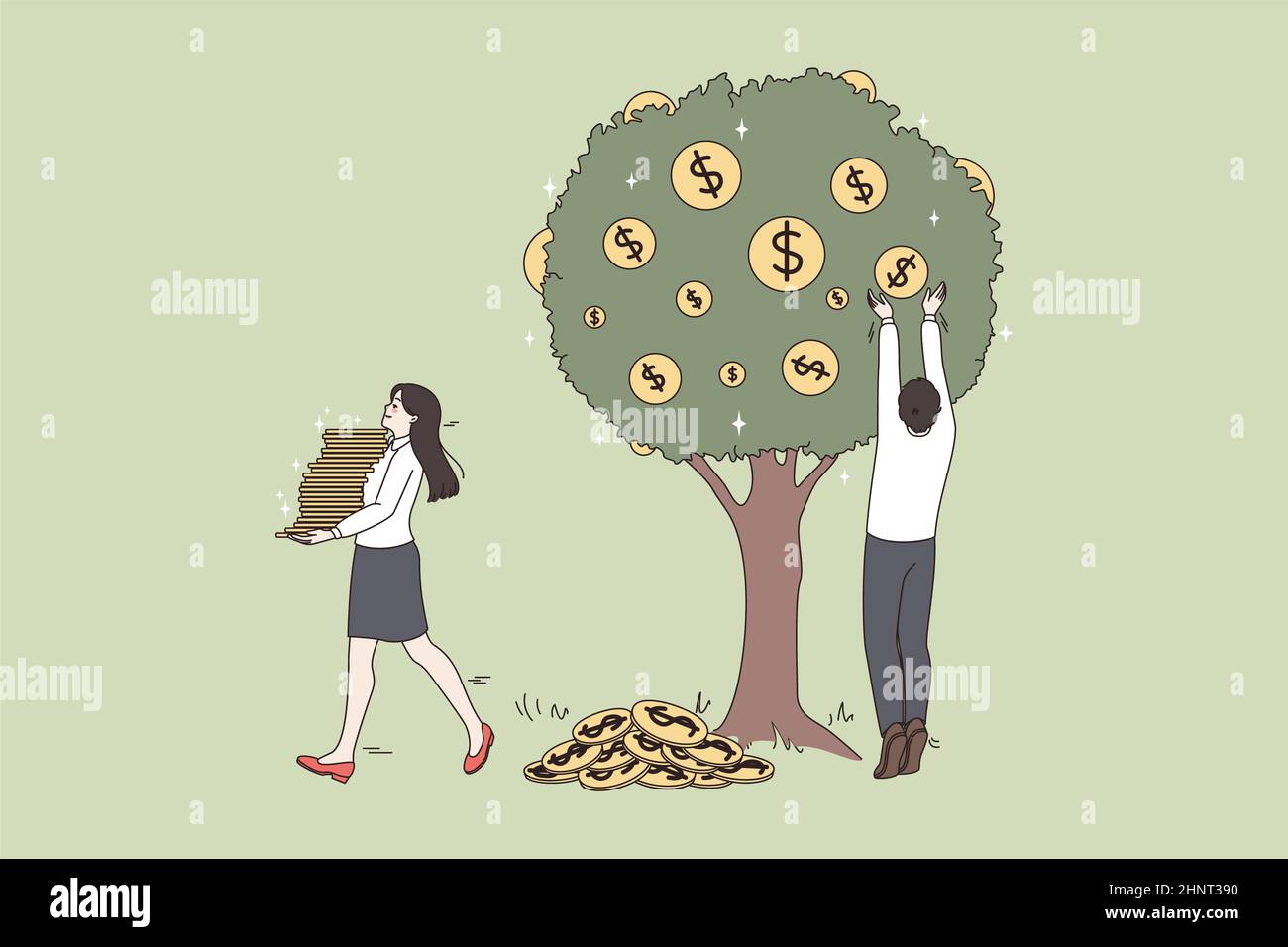 Businesspeople collect money coins from tree, get dividend from ...