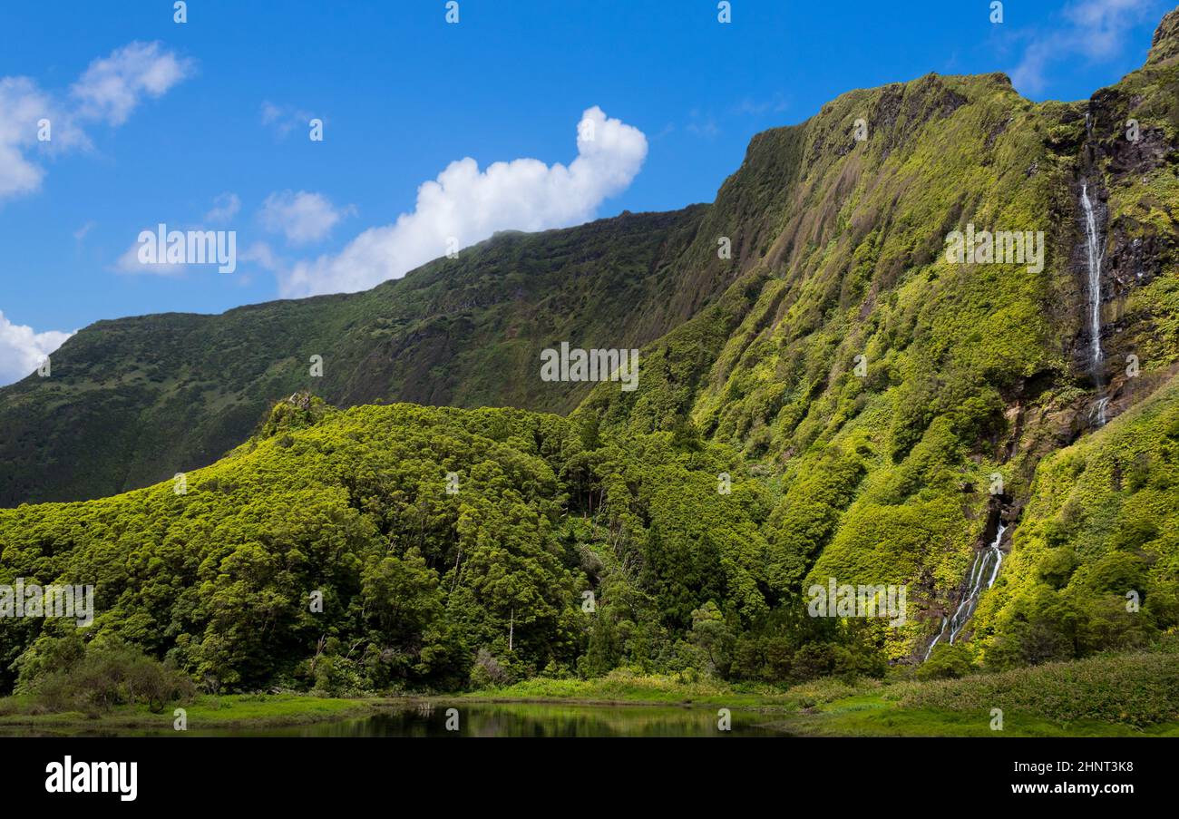 Azores landscape with waterfalls and cliffs in Flores island. Portugal ...