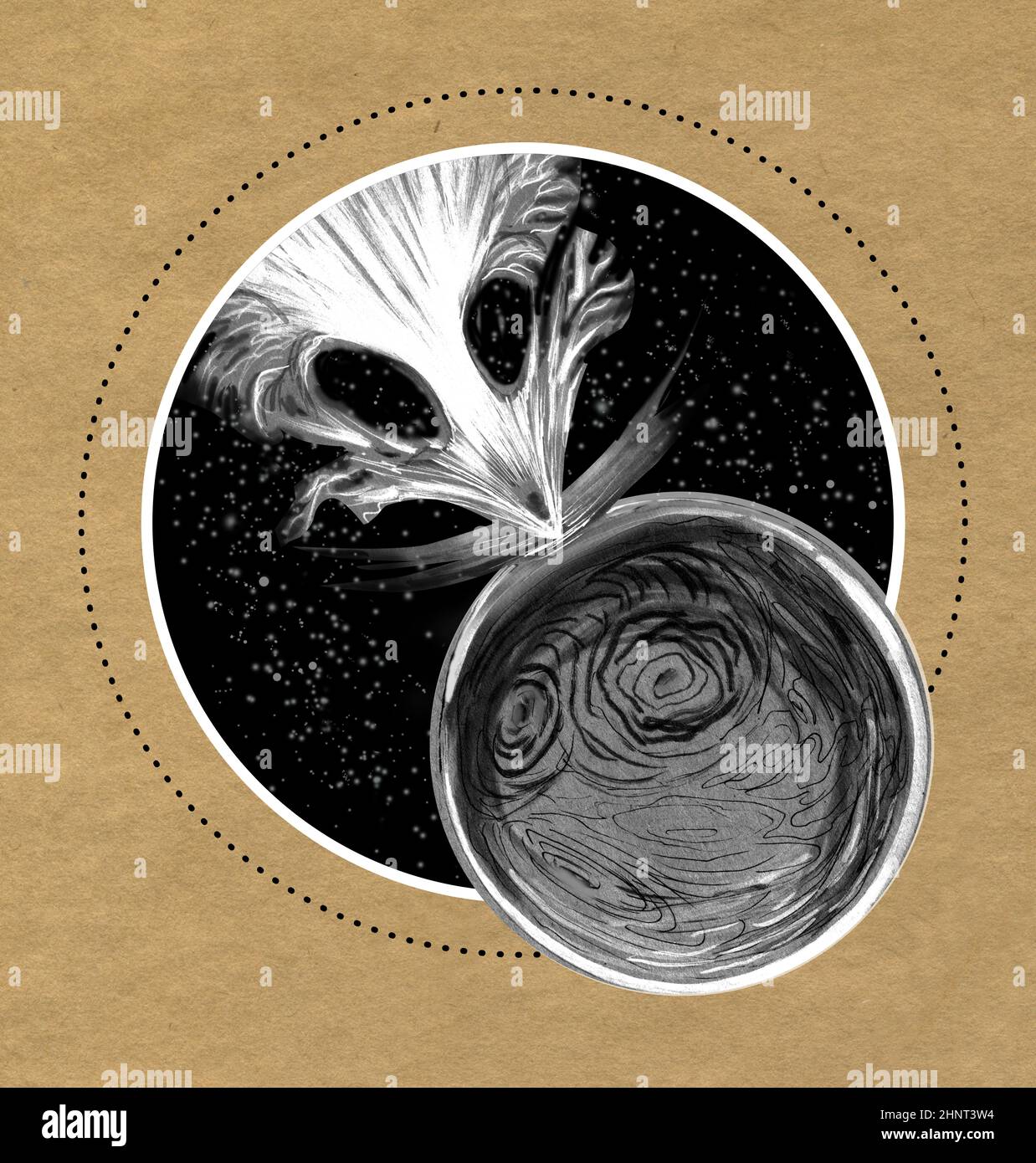 Collision of a comet and the moon. Black and white illustration on ...