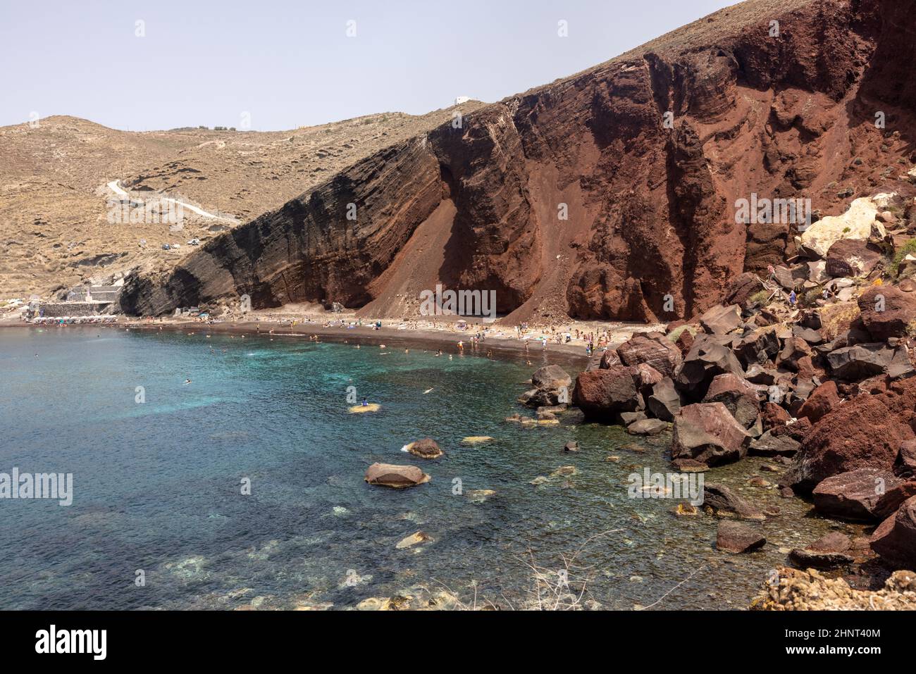 The famous Red beach on the south coast of Santorini island, Cyclades ...