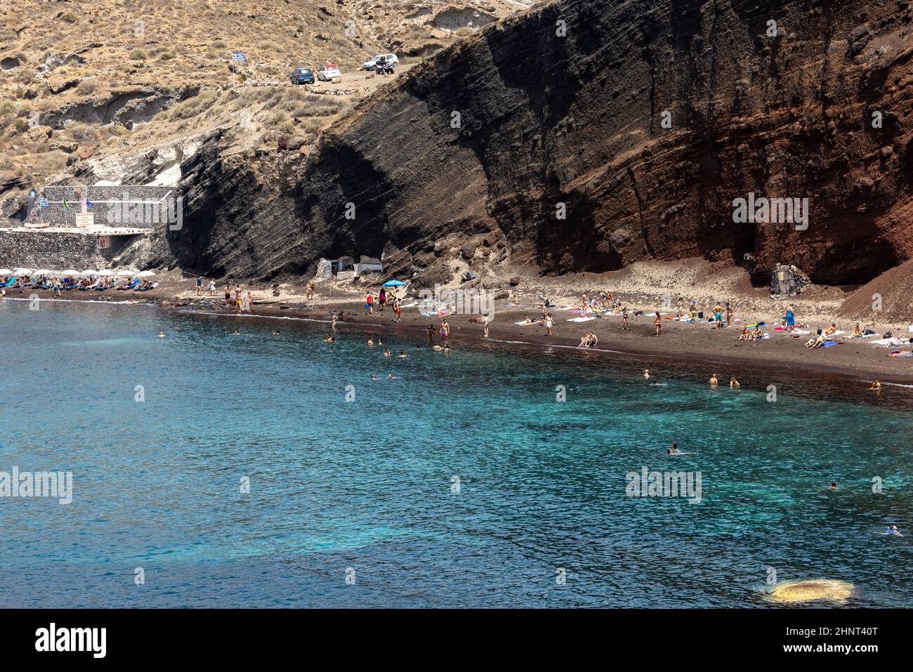 The famous Red beach on the south coast of Santorini island, Cyclades ...