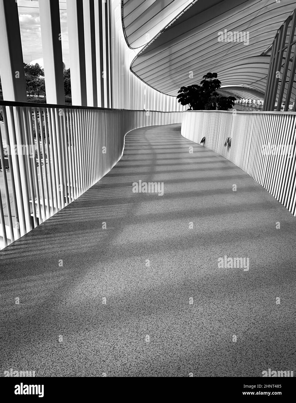Empty walkway between buildings. Black and white scene of modern design ...