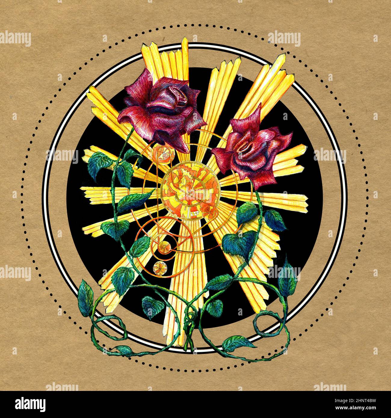 Roses as a symbol of love. Ink drawing of flowers on craft paper Stock ...