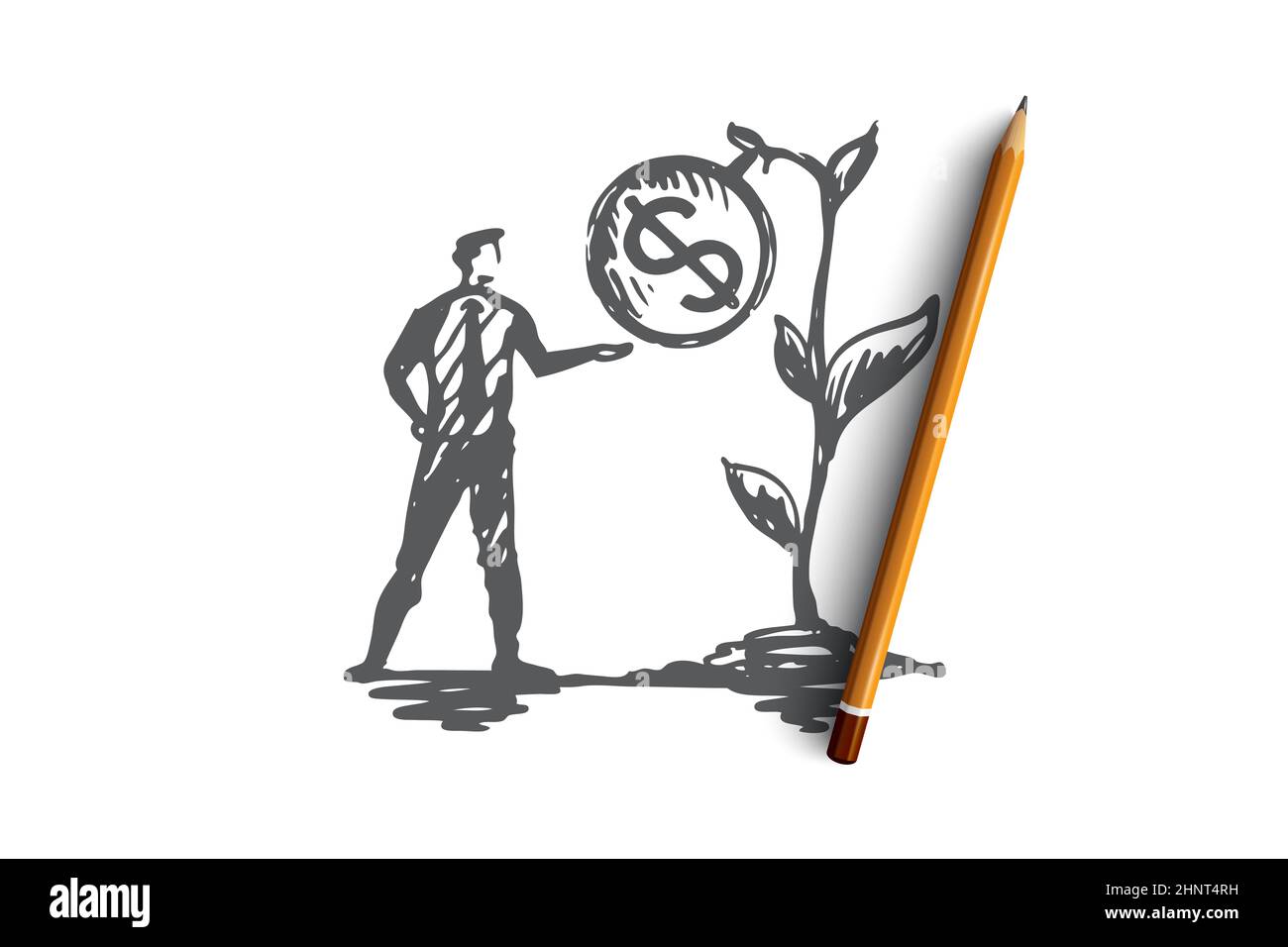 Results, money, plant, profit, income concept. Hand drawn businessman ...