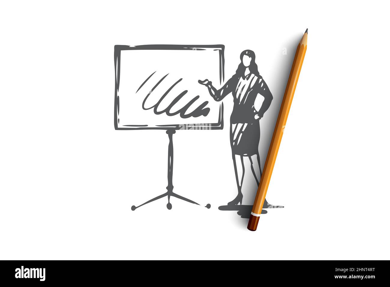 Presentation, woman, board, graphic, job concept. Hand drawn female ...