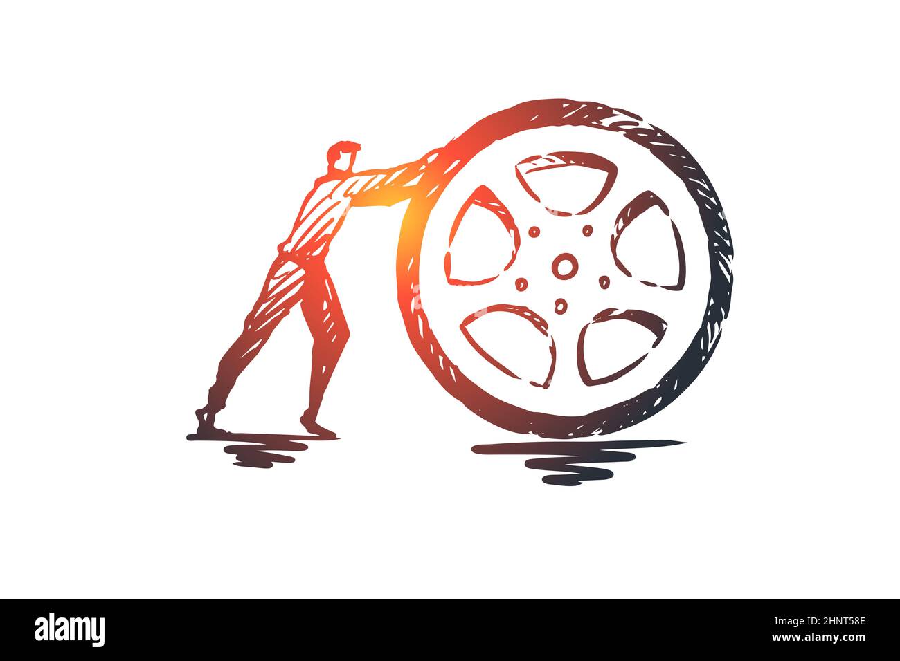 Tire, wheel, auto, transport, repair concept. Hand drawn wheel repair ...