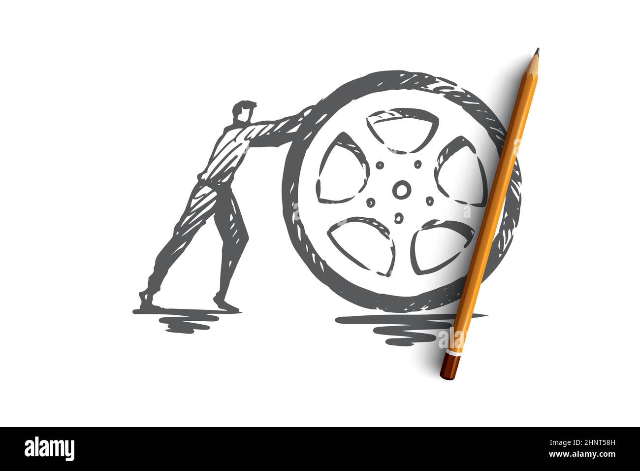 Tire, wheel, auto, transport, repair concept. Hand drawn wheel repair ...