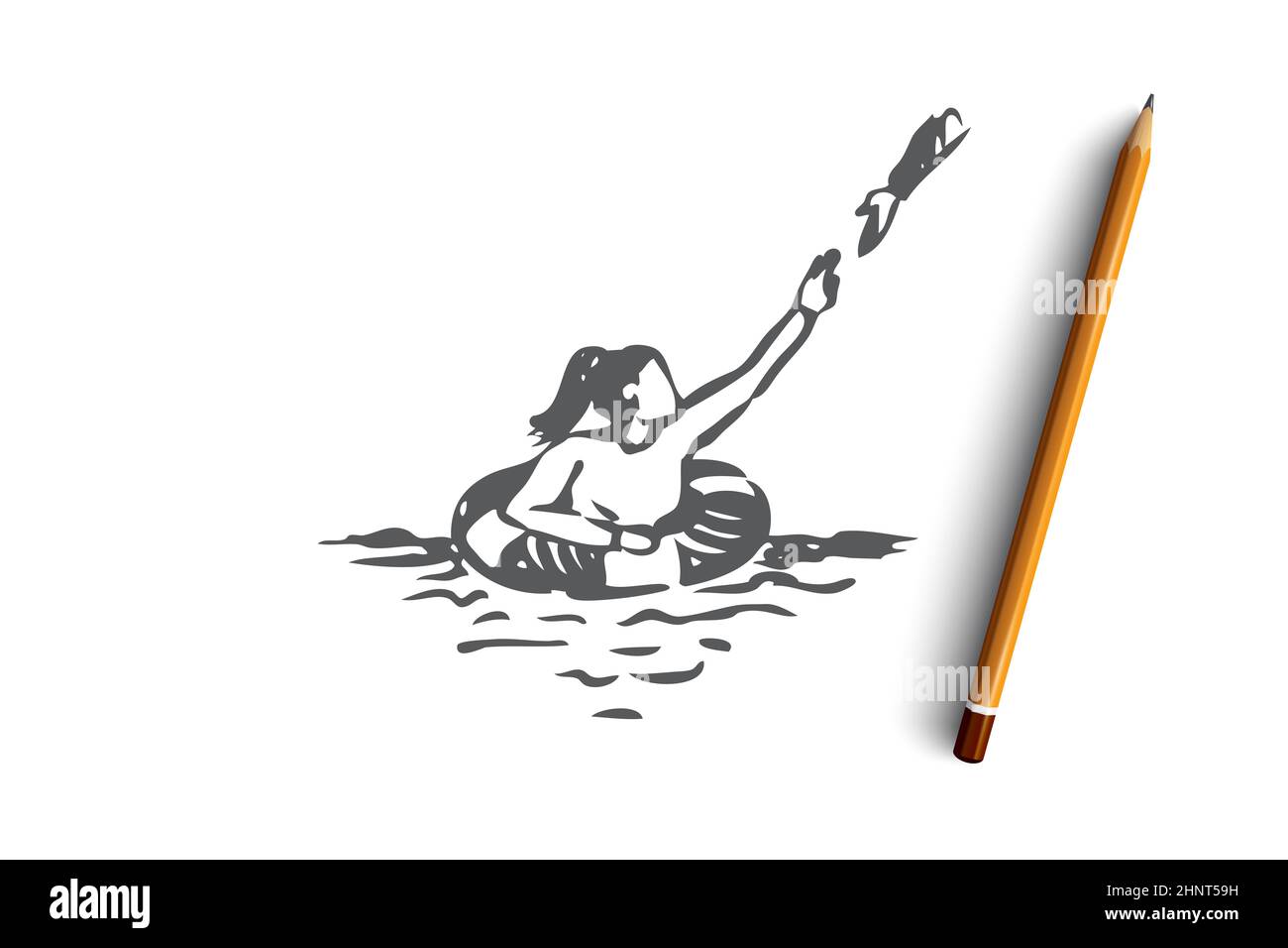 lifebuoy, hand, help, safe, woman concept. Hand drawn woman sink and ...