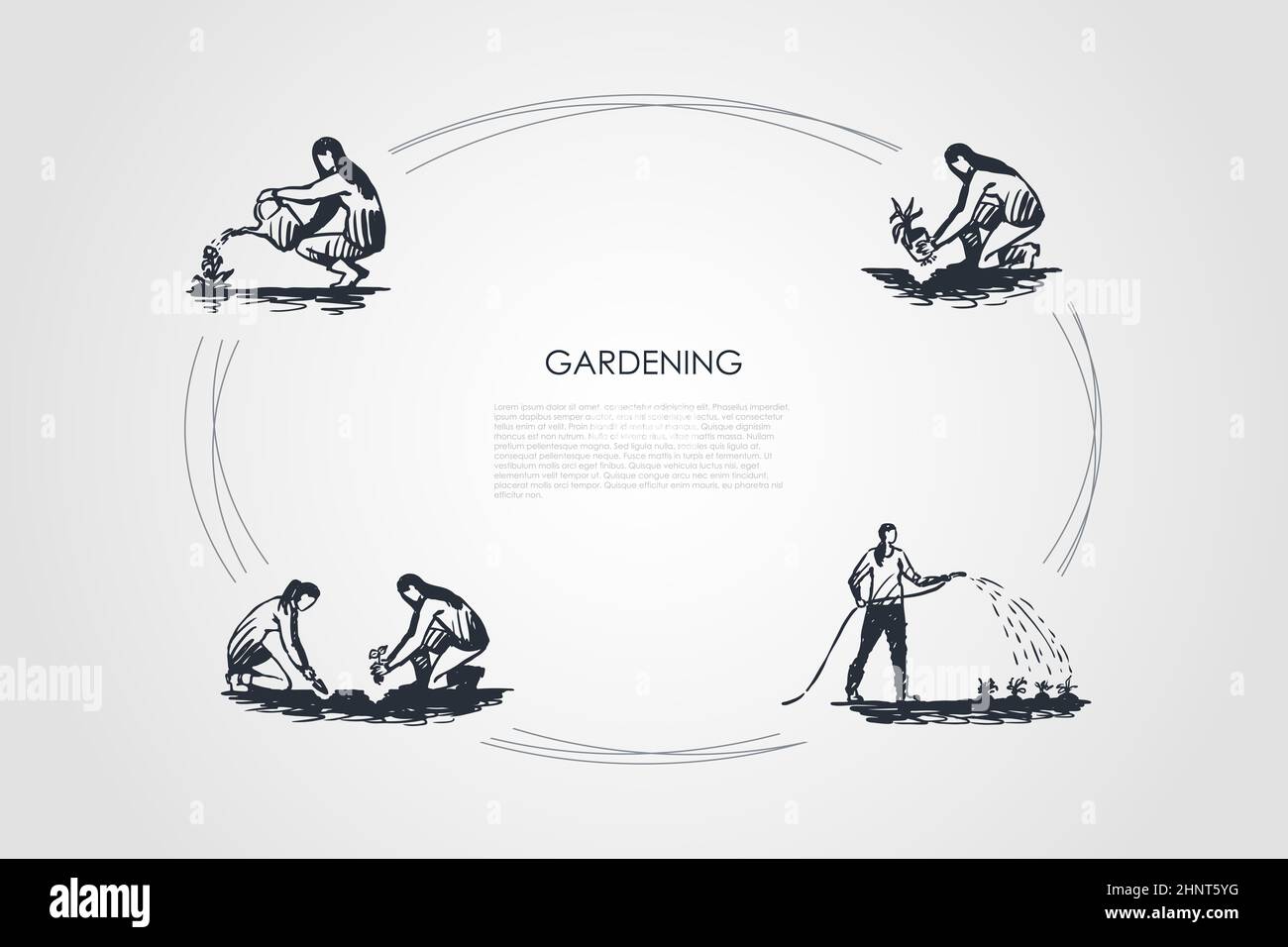 Gardening - people digging ground, planting and watering flowers vector ...