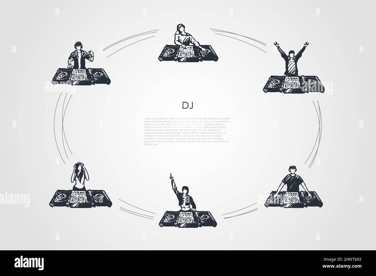 DJ - men and women DJs in headphones playing music vector concept set ...