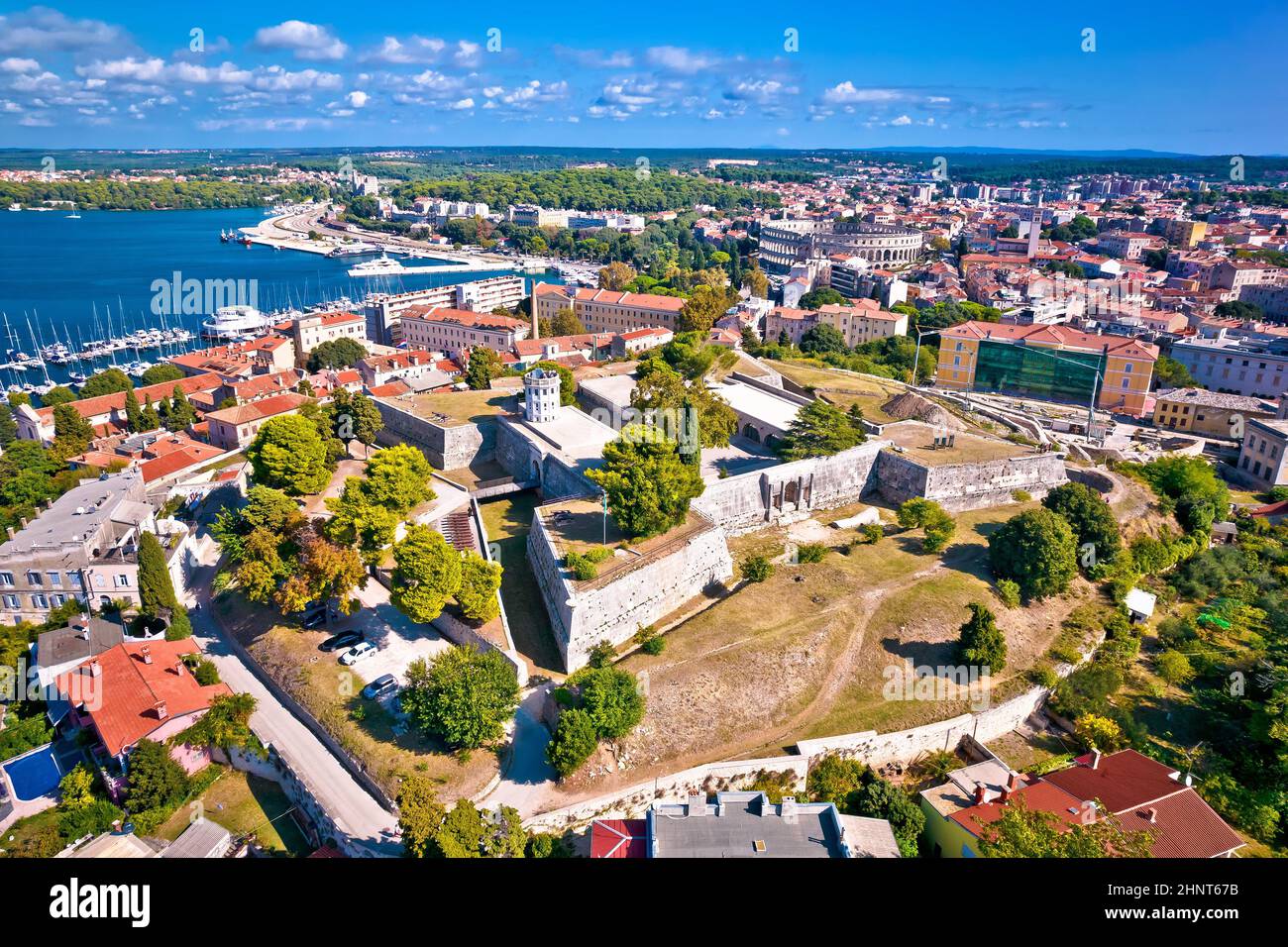 Defense fortress and stone walls in Pula aerial view, fortification in ...