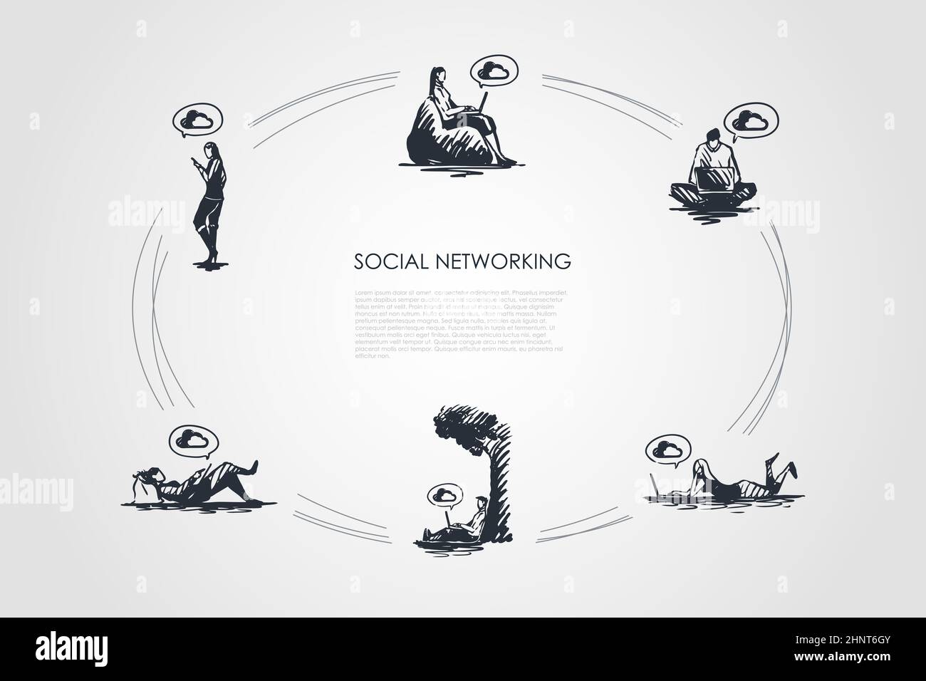 Social networking - people working on laptops and using smartphones ...