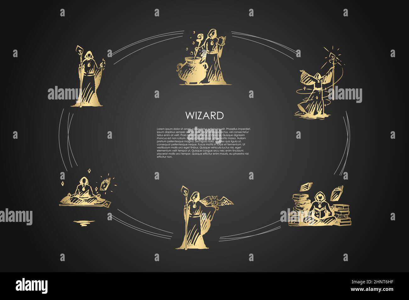 Wizard - wizard in special costume cooking potion in cauldron, standing ...