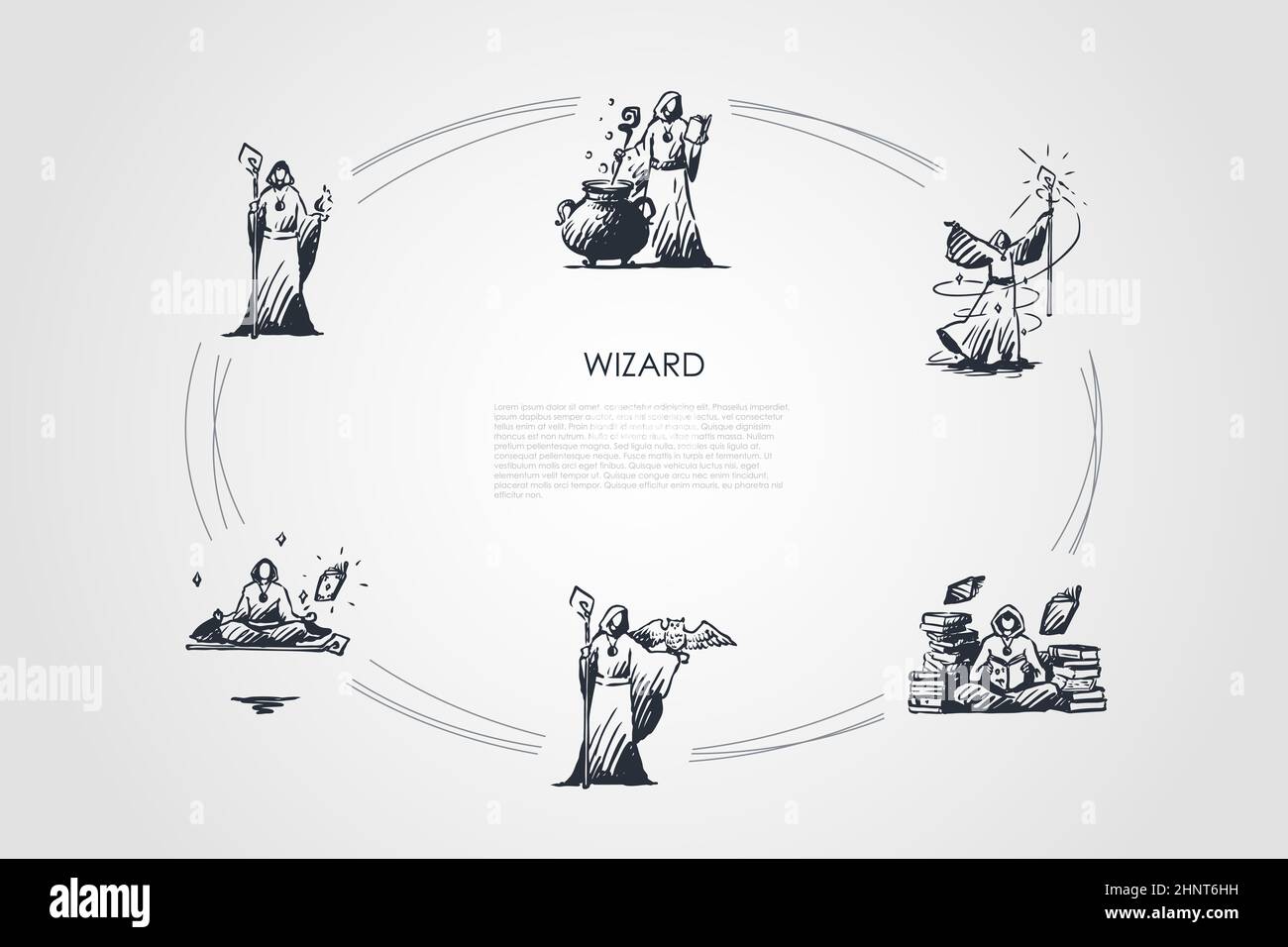 Wizard - wizard in special costume cooking potion in cauldron, standing ...