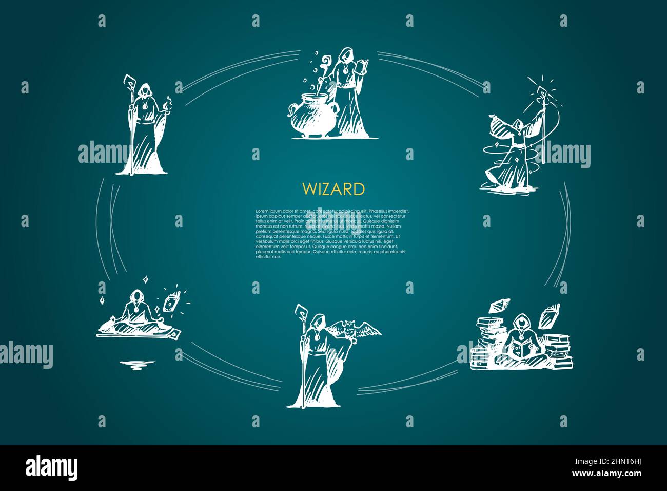 Wizard - wizard in special costume cooking potion in cauldron, standing ...