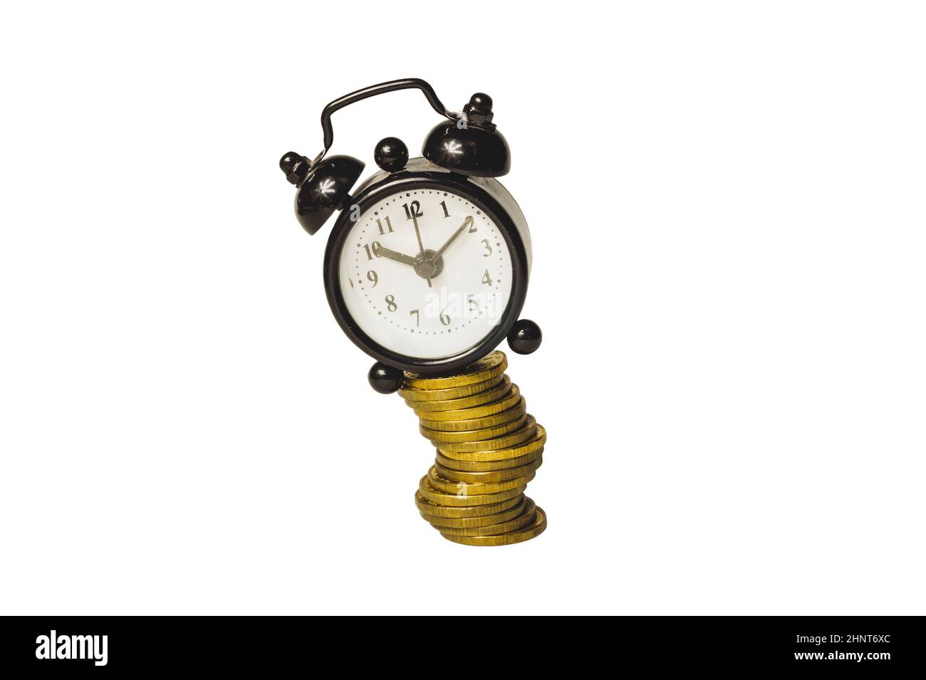 Time is money concept. classic alarm clock with coins on white ...