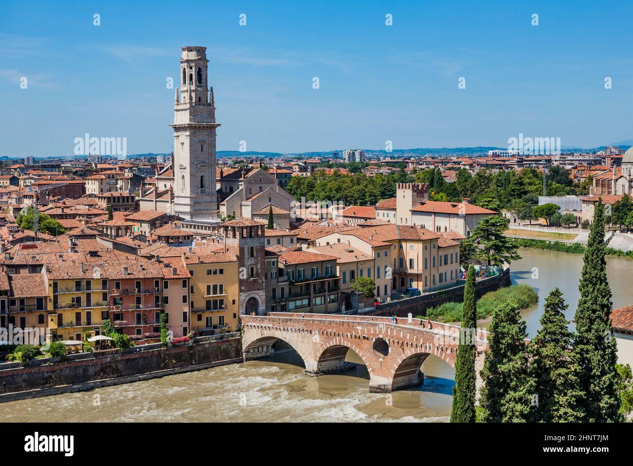 panorama of Verona with view of the old dome and the roman bridge ...