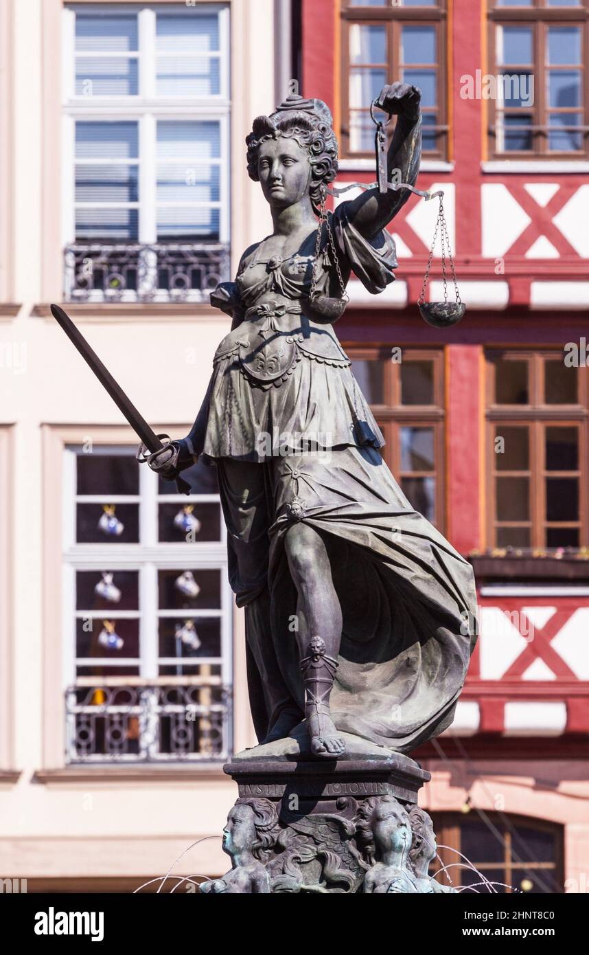 Statue of Lady Justice in front of the Romer in Frankfurt - Germany ...