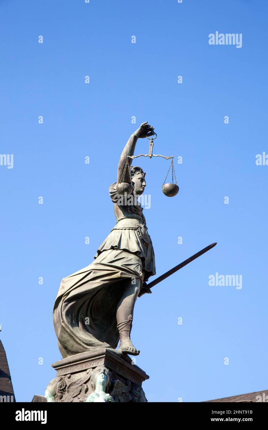 Statue of Lady Justice in front of the Romer in Frankfurt - Germany ...