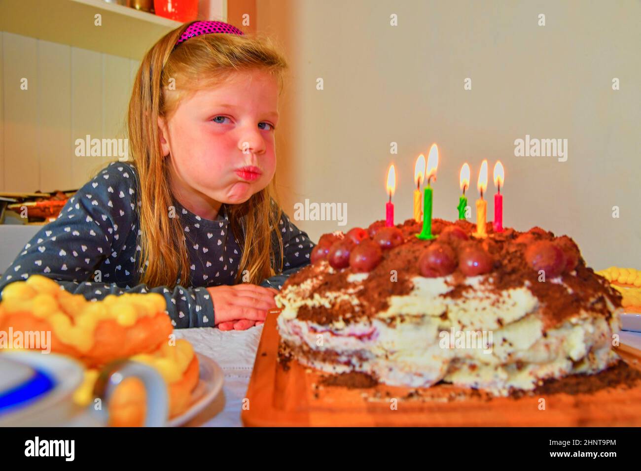 Little girl blowing out candles on her birthday cake. Small girl celebrating her six birthday ...