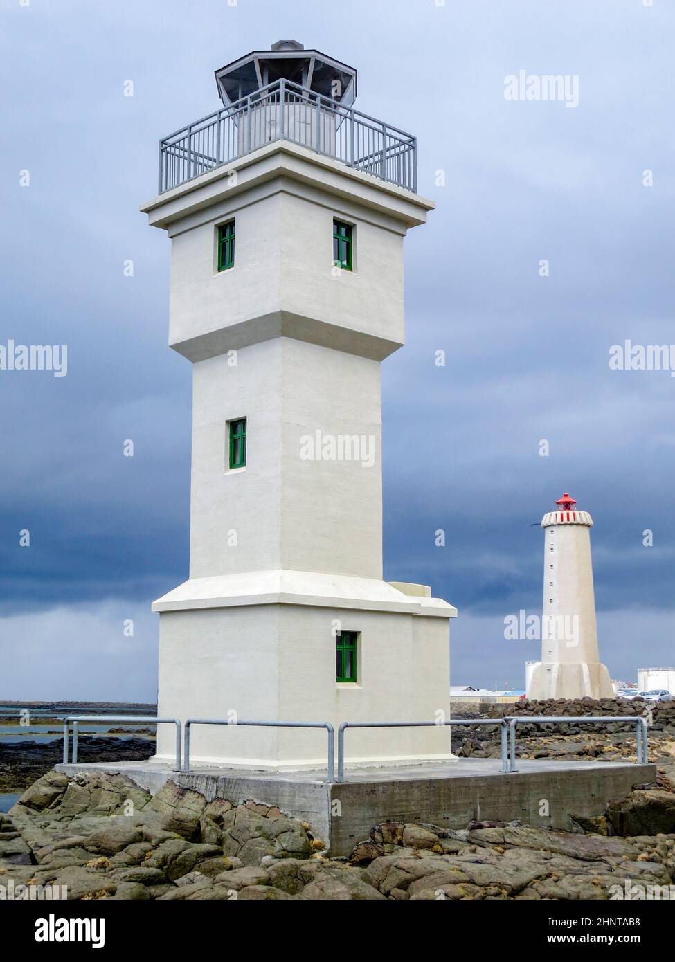 Modern lighthouse at Akranes West Iceland with statue Stock Photo - Alamy