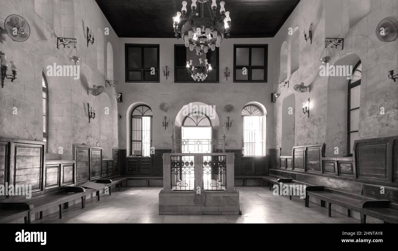 Black and white interior of historic Jewish Maimonides Synagogue or Rav ...