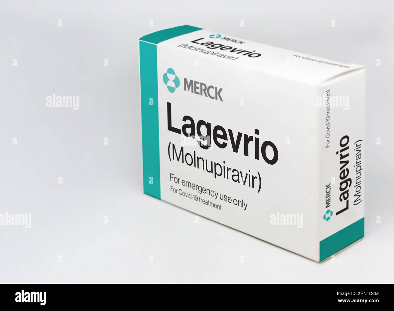 Merck Covid-19 Lagevrio (Molnupiravir) treatment box isolated on a ...