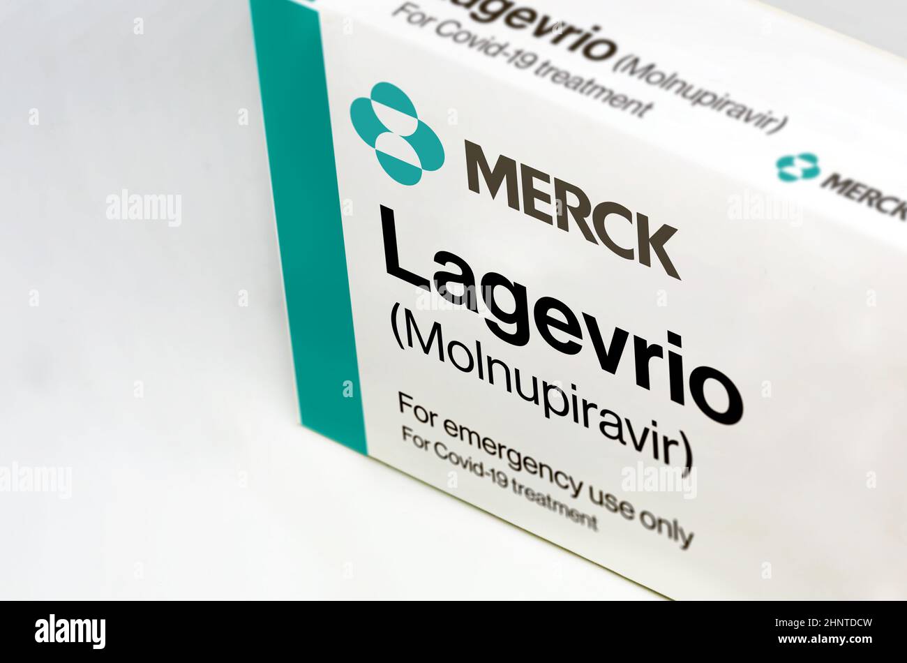 Merck Covid-19 Lagevrio (Molnupiravir) treatment box isolated on a ...