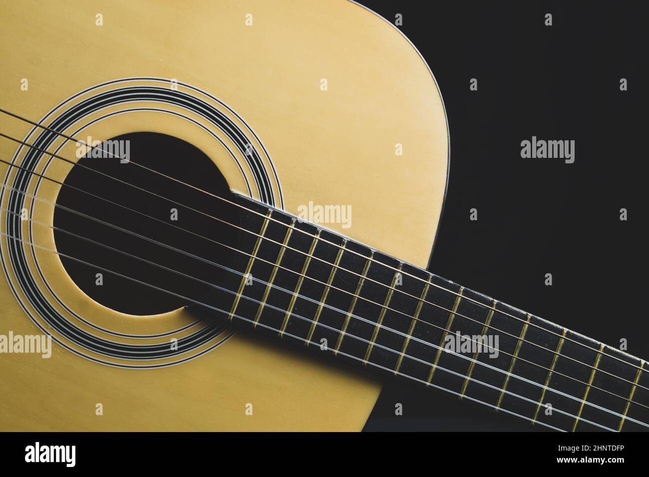 Acoustic guitar close up. musical instrument. strings on the guitar ...