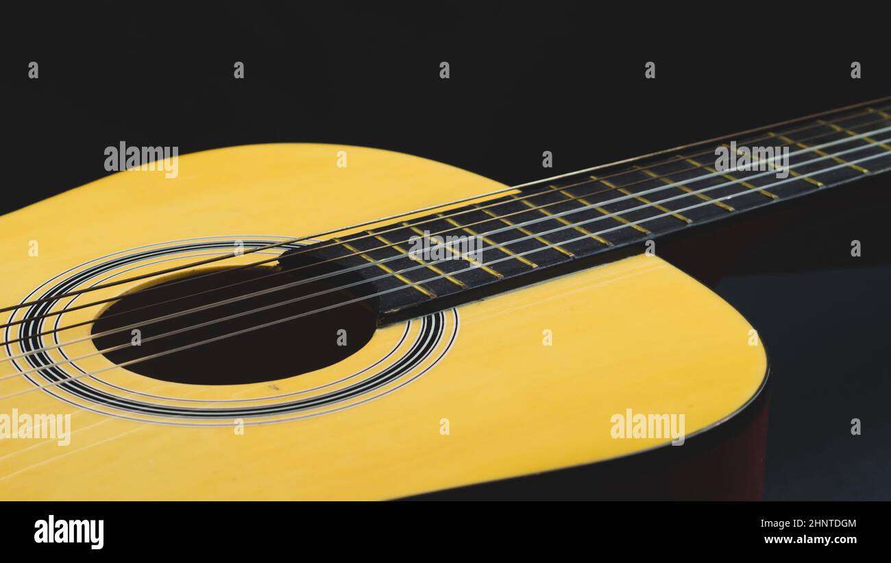 Acoustic guitar close up. musical instrument. strings on the guitar ...