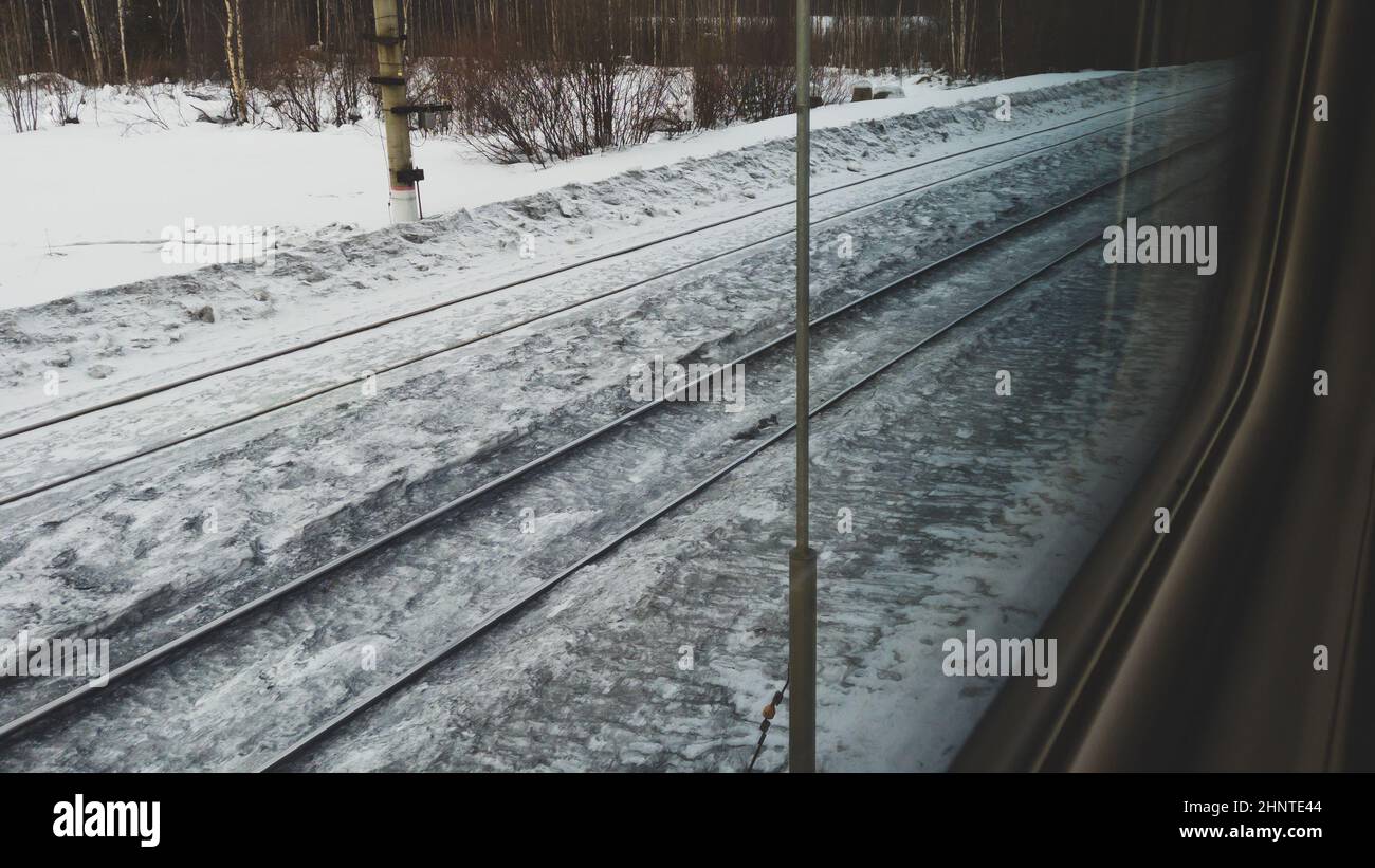 View from the window of the passenger train. winter weather Stock Photo ...
