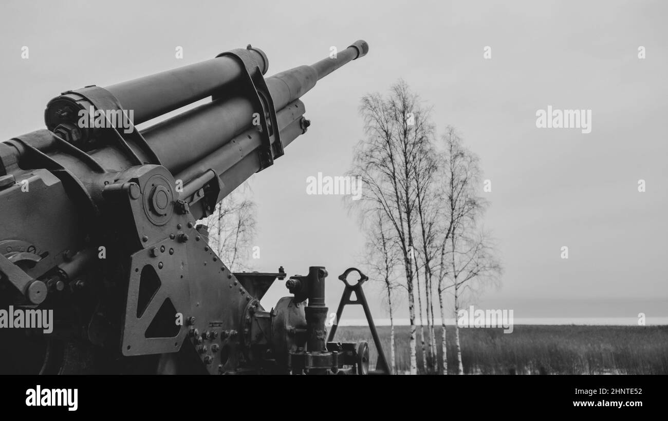 Artillery cannon monument. ancient howitzer. black and white Stock ...