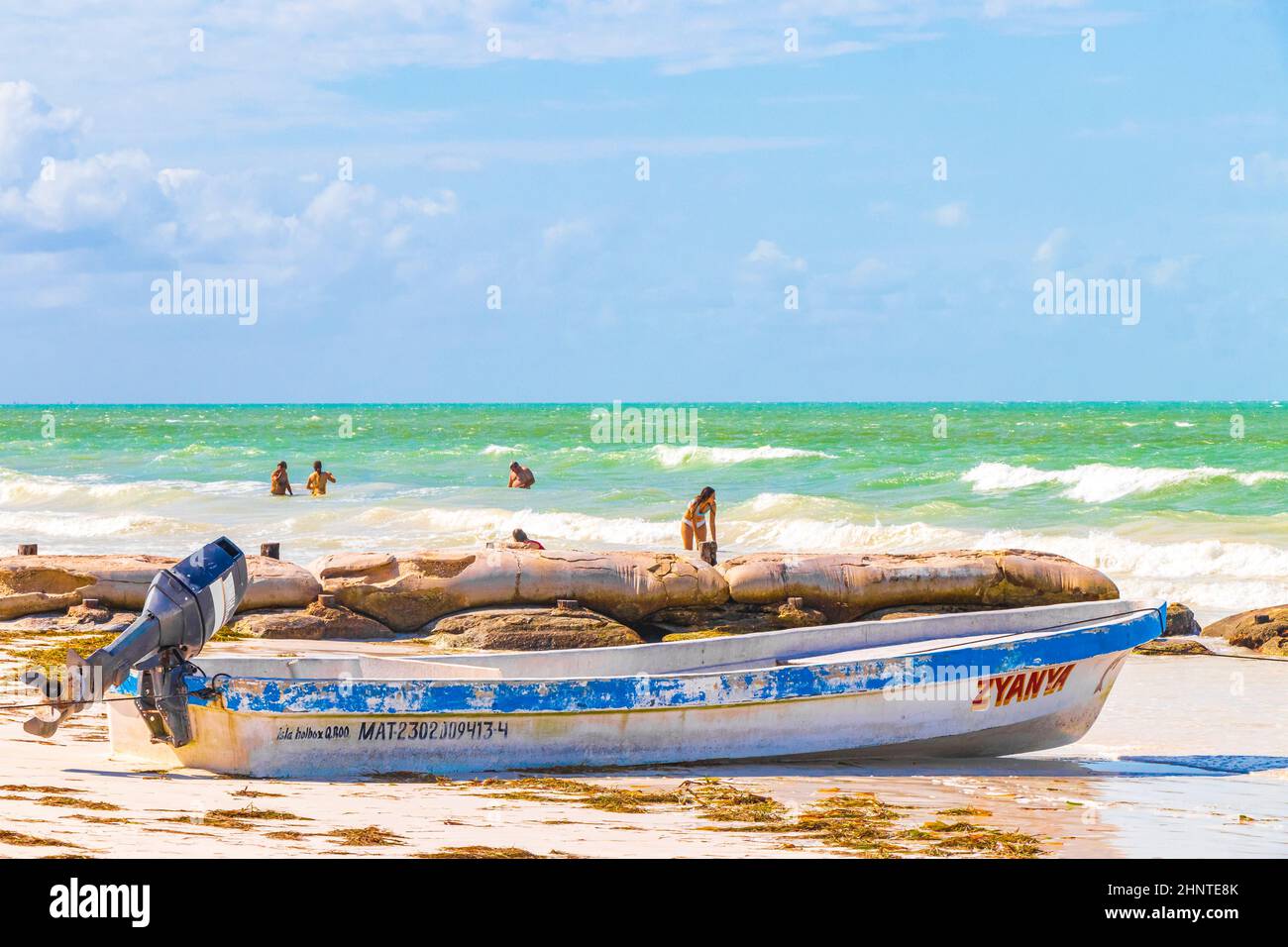 Beautiful Holbox island beach old blue boat turquoise water Mexico ...