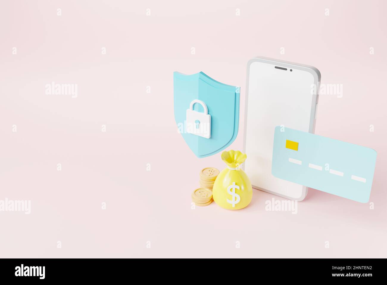 Secure mobile banking with credit card and lock shaped icon on pink ...