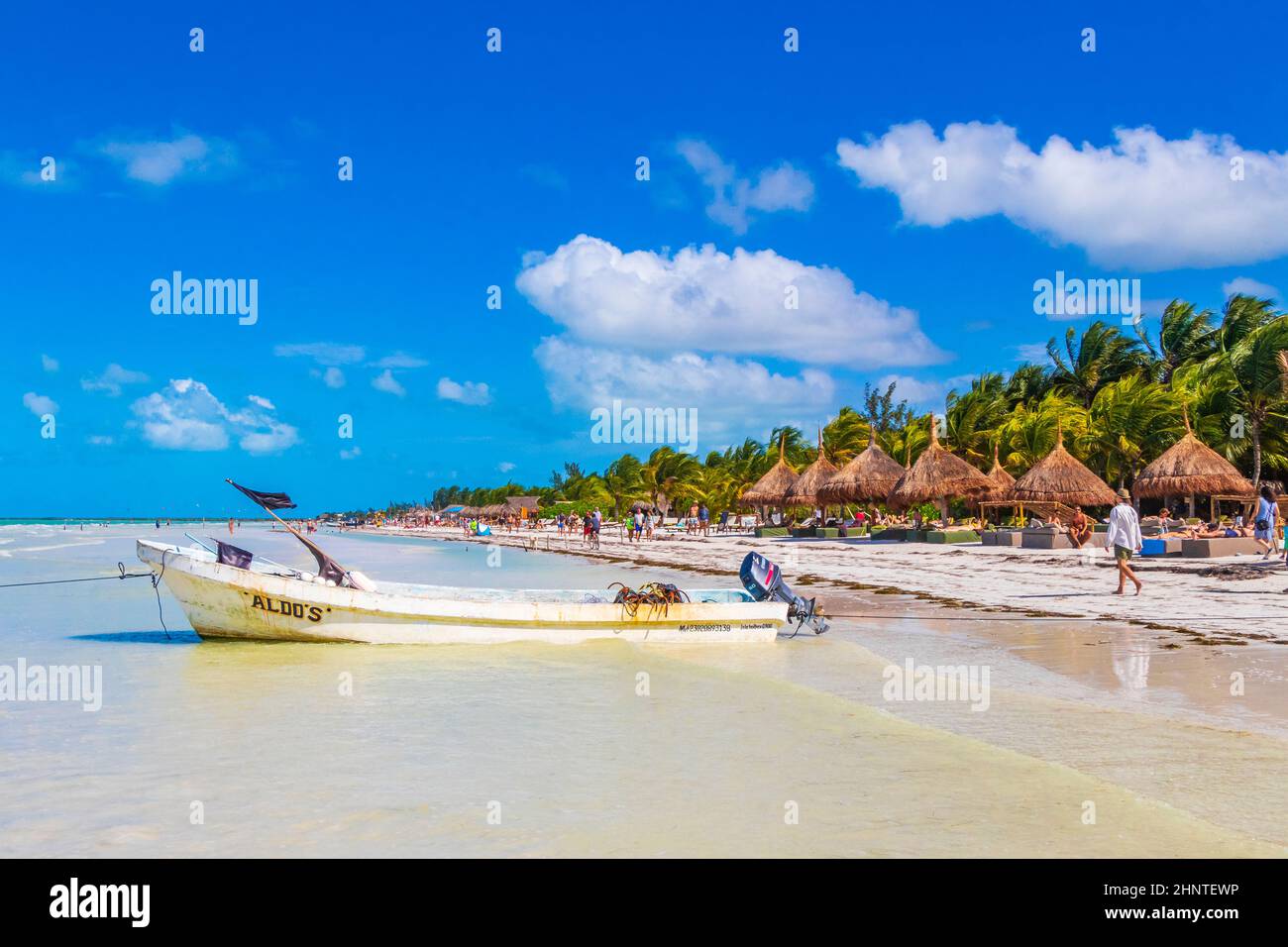 Beautiful Holbox island beach with boat and turquoise water Mexico ...