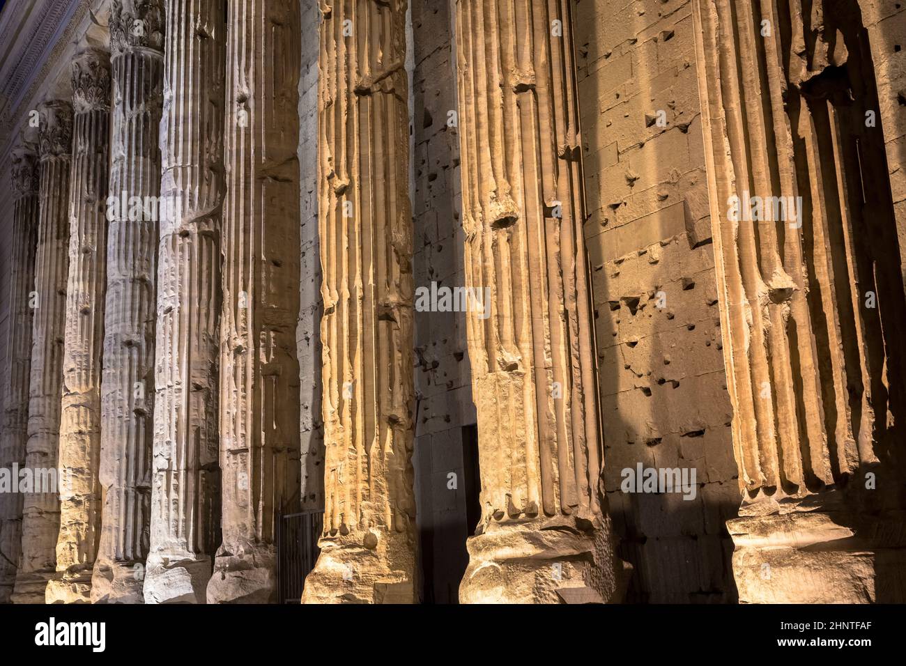 Detail of illuminated column architecture of Pantheon by night, Rome ...