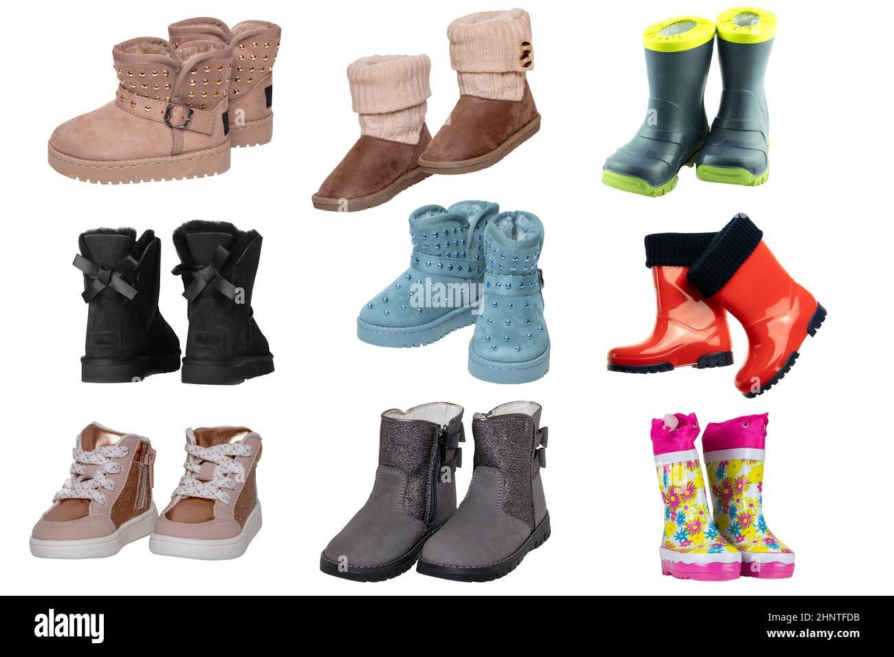 Collage set of children shoes and boots. Collection of seasonable ...