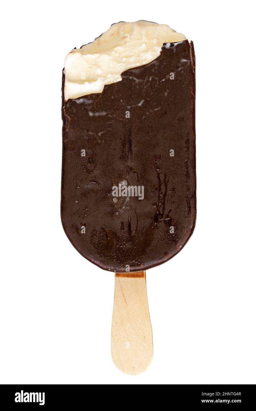 Bitten ice cream covered with dark chocolate, isolated on white ...