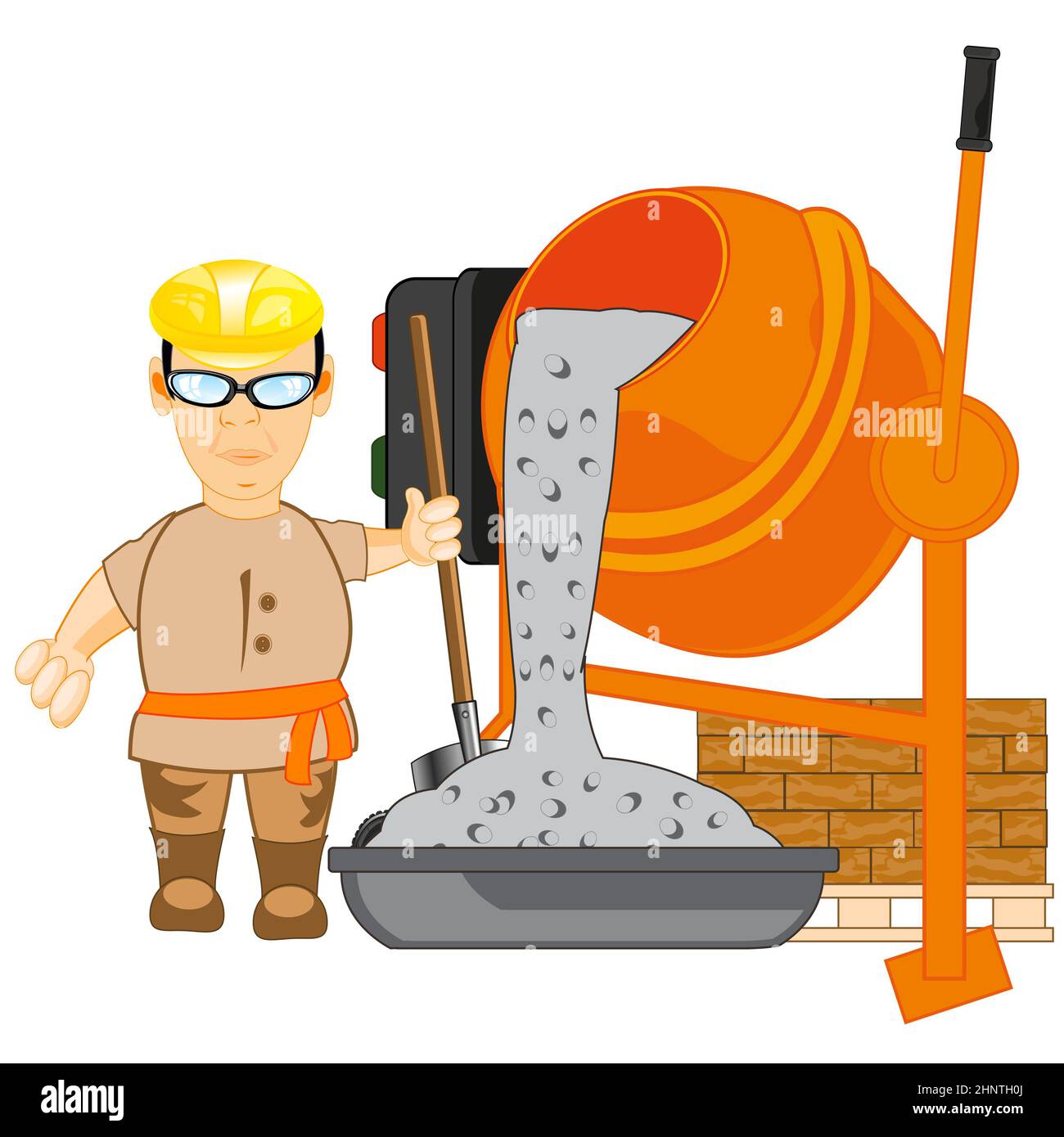 Concrete mixer with solution of the concrete and worker with shovel ...
