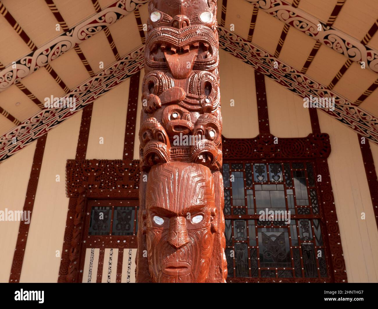 Wharenui or Maori meeting house, Tamatekapua Marae, Ohinemutu, Te Arawa ...