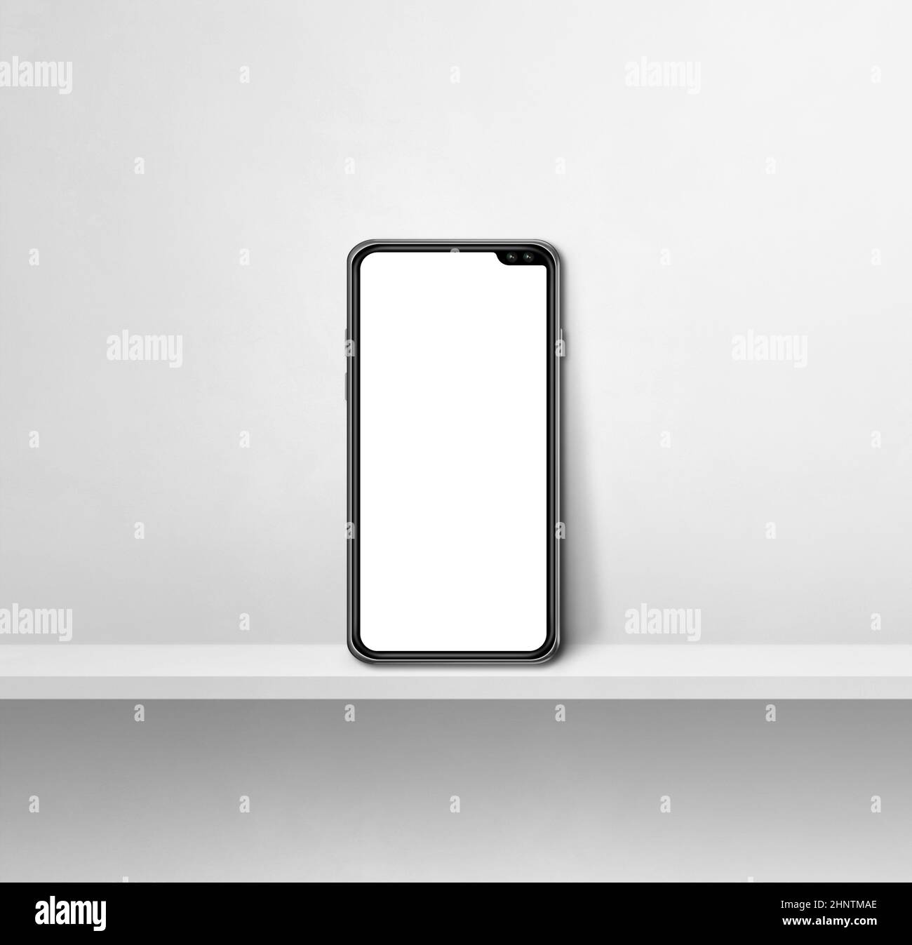 Mobile phone on white concrete wall shelf. Square background. 3D ...