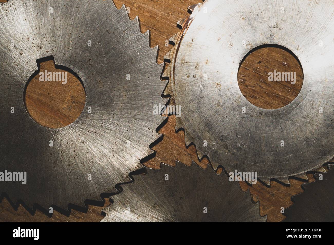 Circular saw blades. carpentry tools. industrial background. equipment ...
