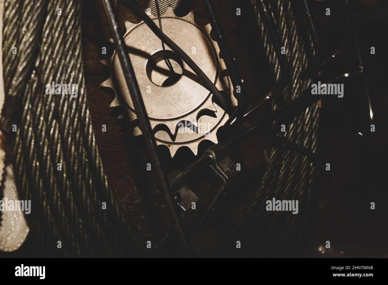 Metal circular saw hanging between wires. work tool. carpentry ...