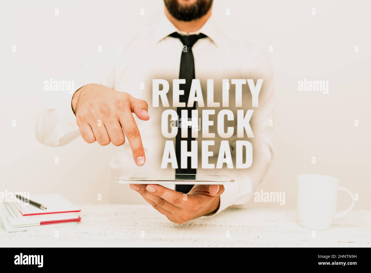 Text caption presenting Reality Check Ahead, Business approach makes ...