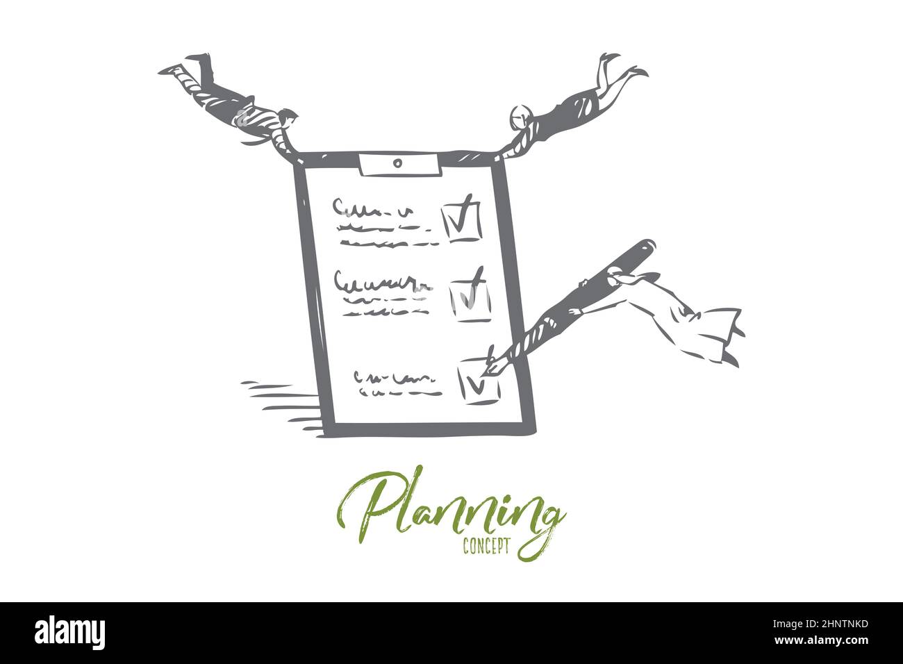 Planning concept sketch. Floating people checking items off to do list ...