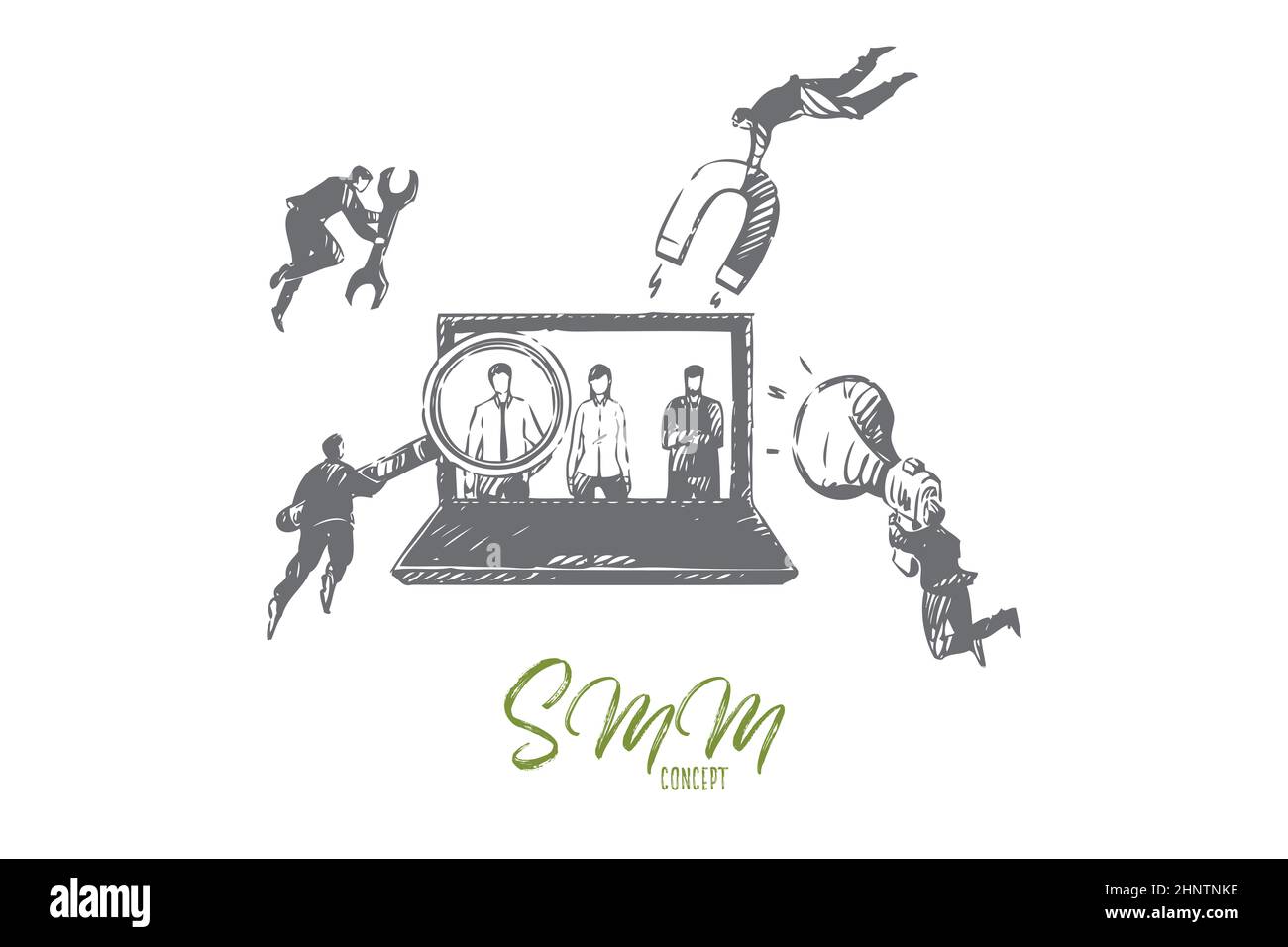 Online promotion concept sketch. Flying businessmen teamwork, marketers ...