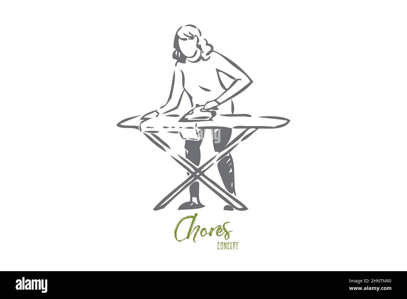 Ironing clothes concept sketch. Housekeeping chores, housewife routine ...