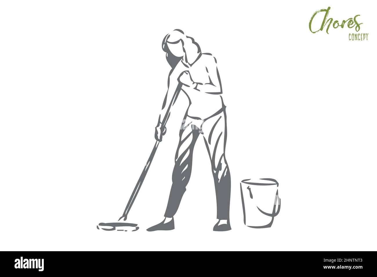 Household responsibilities concept sketch. Girl, woman mopping floors ...